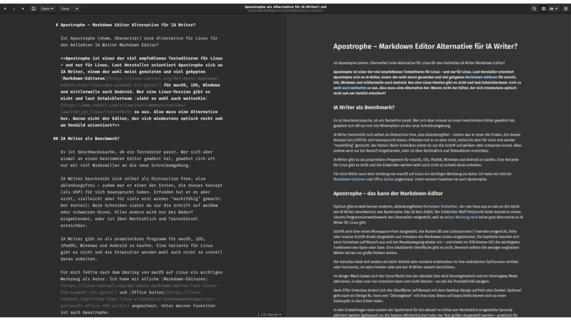 Apostrophe – Markdown Editor Alternative für IA Writer mit Linux? - Linux Content
