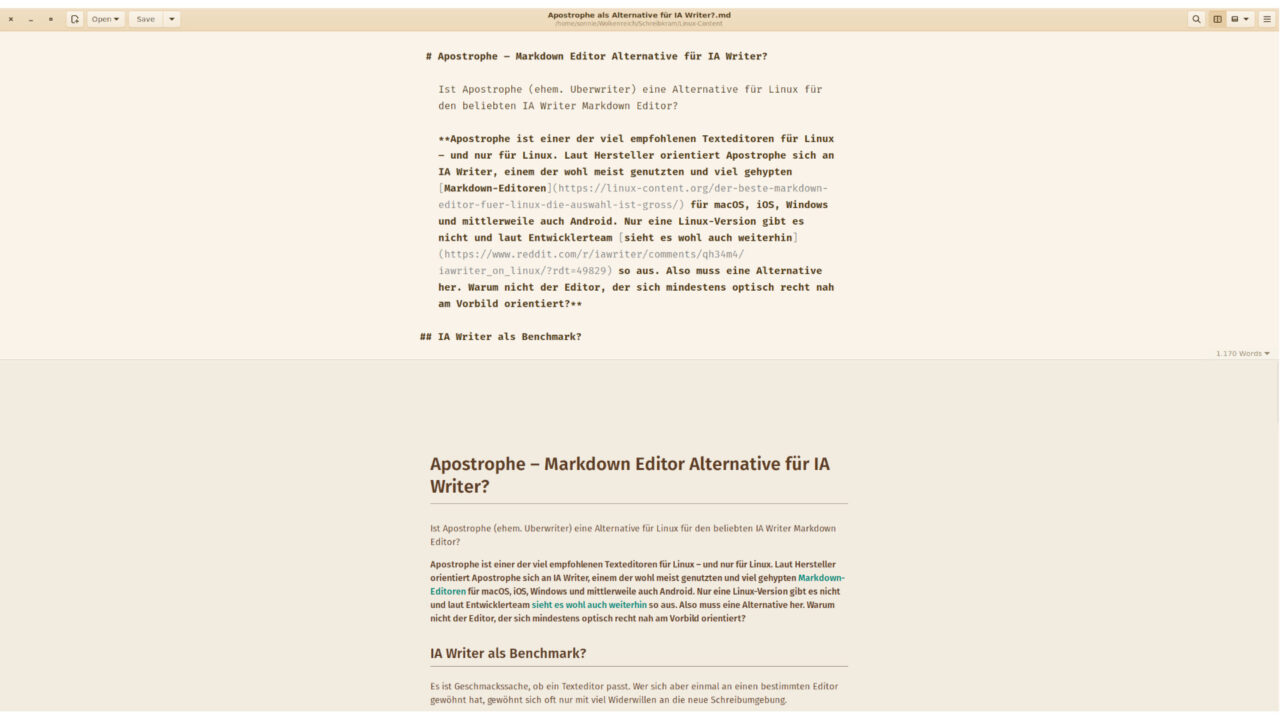 Apostrophe – Markdown Editor Alternative für IA Writer mit Linux? - Linux Content
